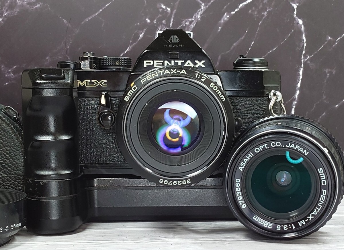 【目立った傷や汚れなし】【終活】PENTAX MX 機械式＋PENTAX-A 50mm f2＋M 28mm f3.5 単焦点2本セット＋ワインダーMX 各動作良好 シャッター快調 露出計OK ...