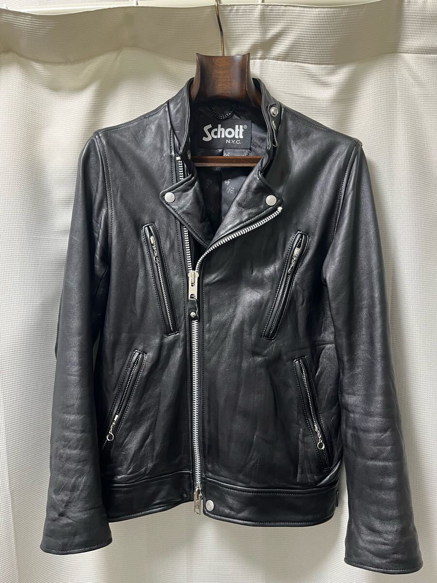【目立った傷や汚れなし】Schott ショット 3101048 ダブル ブレスト ライダースジャケット ブラック 本革 シープスキン SCT-NEW DOUBLE BREST RID 黒 M ...