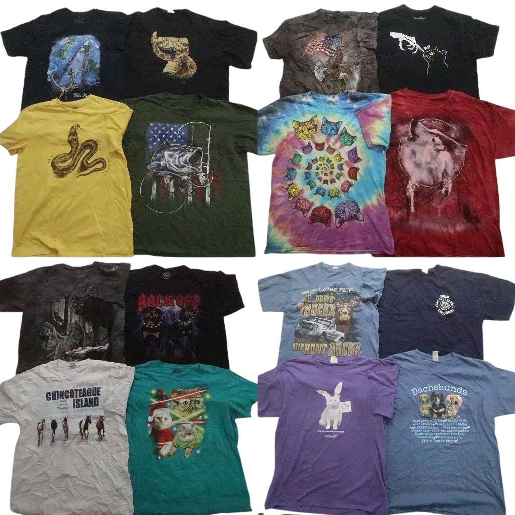 【やや傷や汚れあり】古着卸 まとめ売り アニマル 動物 半袖Tシャツ 16枚セット (メンズ L ) ネコ イヌ 星条旗 イーグル 大判 ...