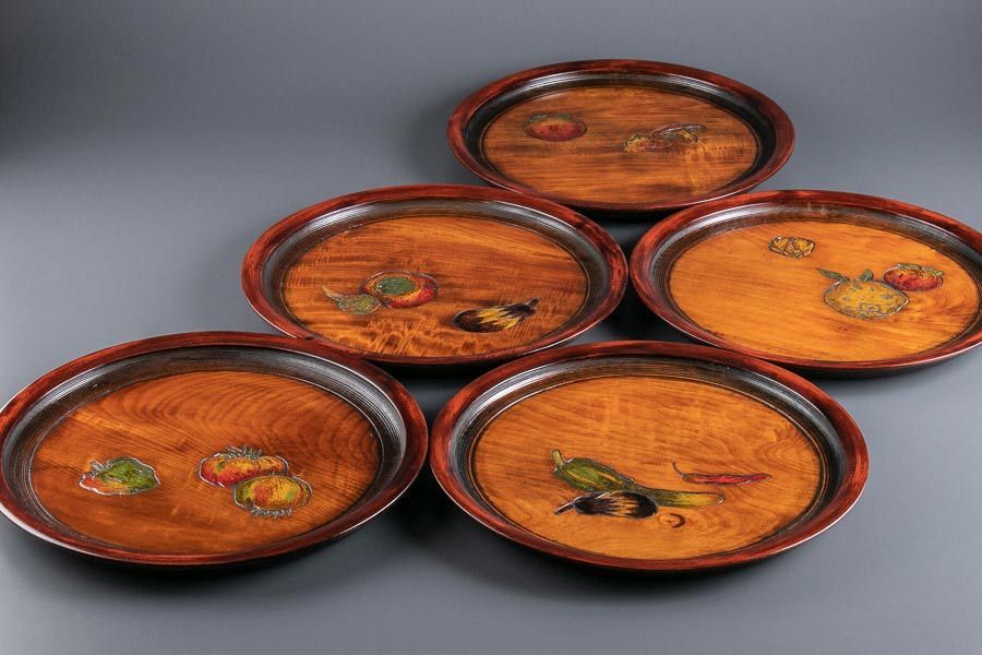 【真】鳥城彫 静物彫 丸盆 懐石膳 5客 4896の落札情報詳細 - Yahoo!オークション落札価格検索 オークフリー