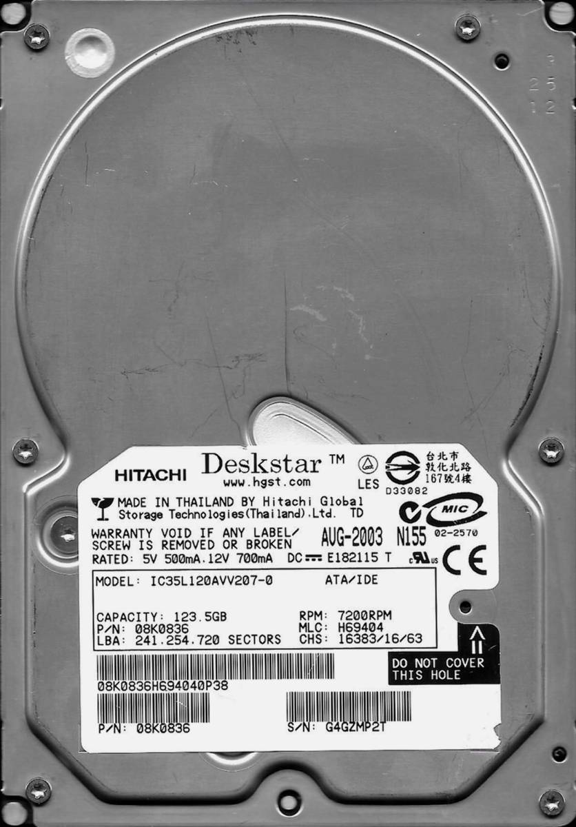 【傷や汚れあり】HITACHI Deskstar IC35L120AVV207-0 123.5GB ATA/IDE 7200rpmの落札情報 ...