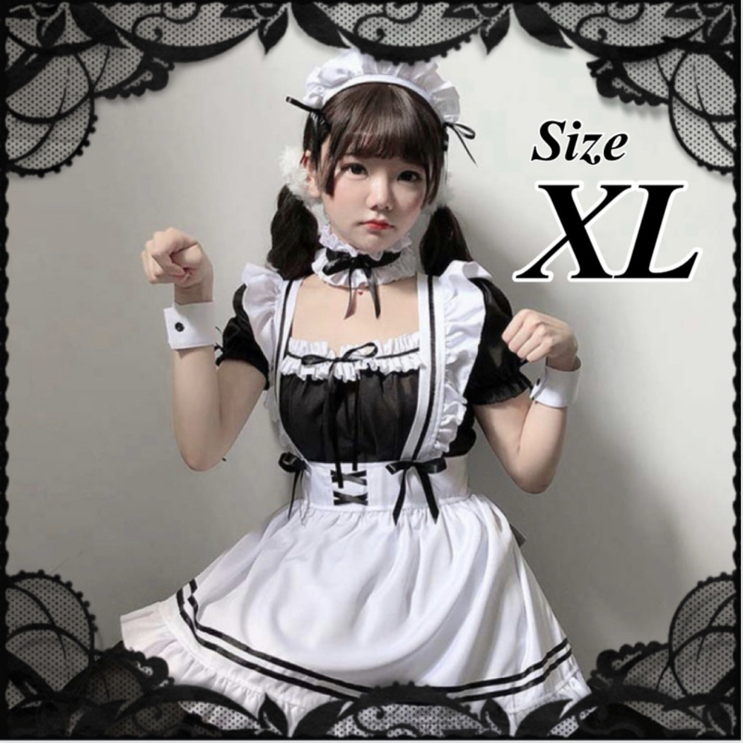 【未使用】フルセット Xl メイド服 コスプレ ゴスロリ ハロウィン ロリ フリフリ フリル エロ可愛い ニーハイソックス コスチュームの落札
