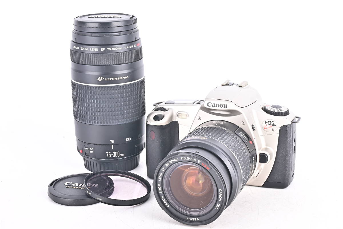 【やや傷や汚れあり】IN2-0981 Canon キヤノン EOS Kiss III EF 28-80mm V + 75-300mm III USM 一眼レフフィルムカメラ オートフォーカスの ...