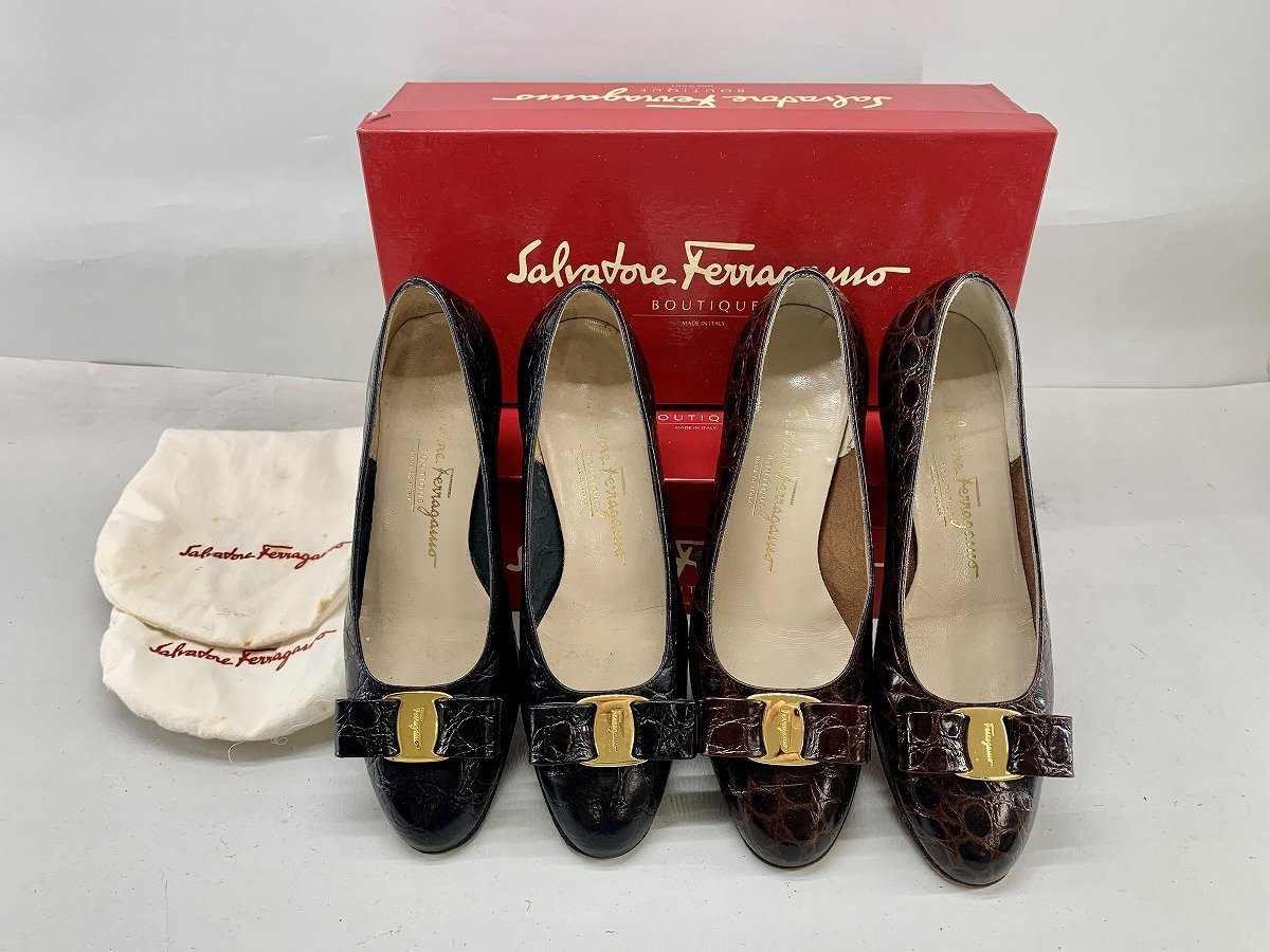 【傷や汚れあり】Salvatore Ferragamo フェラガモ パンプス ヴァラ クロコ型押し 表記7 1/2c 6c 2足[03 ...