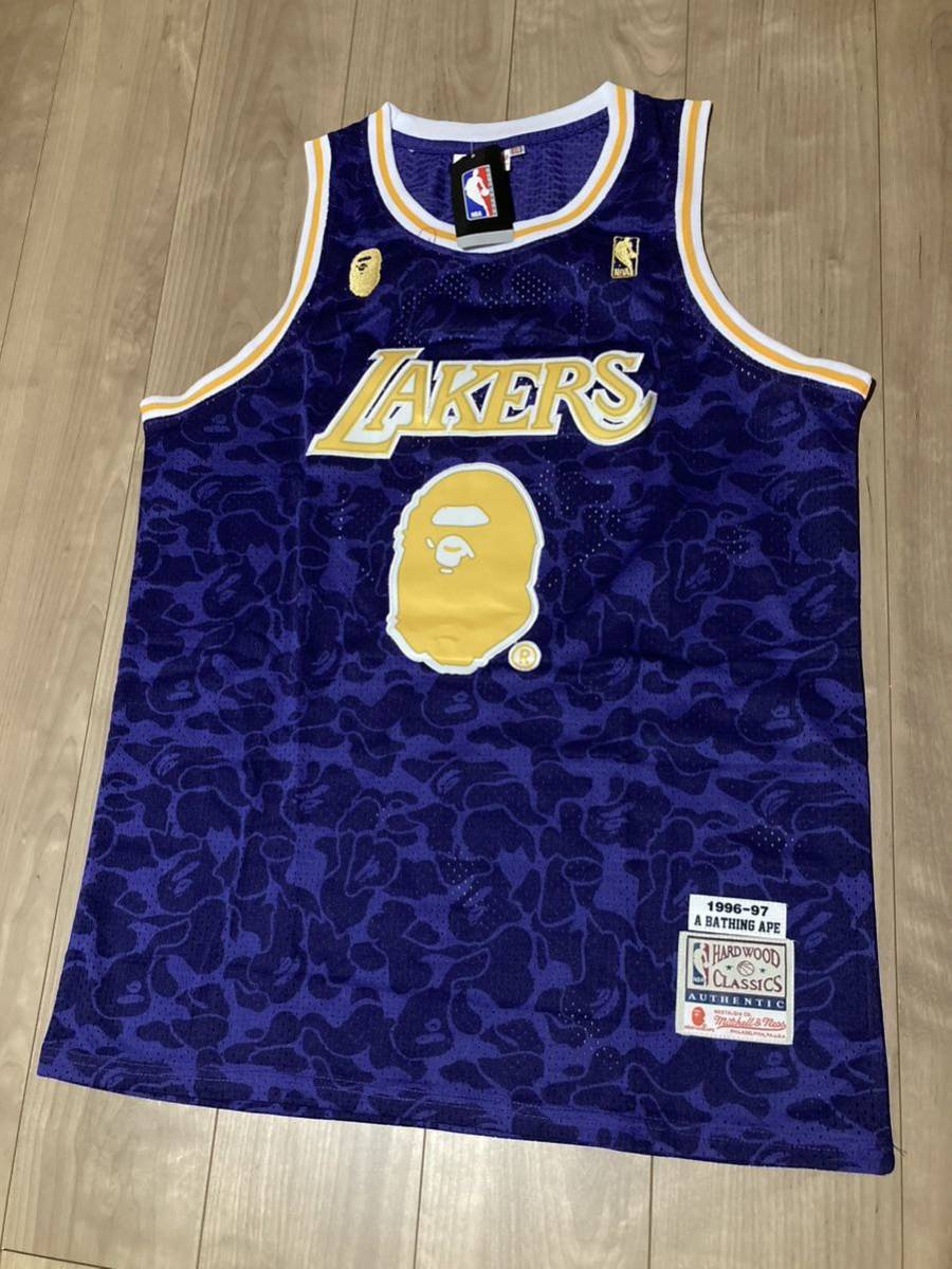 【未使用】NBA LAKERS #93 BAPE/ロサンゼルス・レイカーズ ユニフォーム ゲームシャツ ジャージ 青/黄/白 XL 刺繍 ...