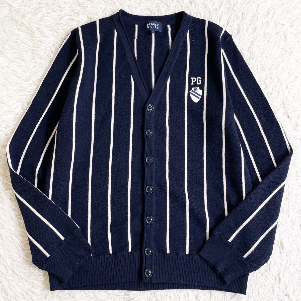 【未使用に近い】未使用級 PEALAY GATES パーリーゲイツ カーディガン ストライプ ワッペン ロゴ GOLF ゴルフ ウェア 5 L ...