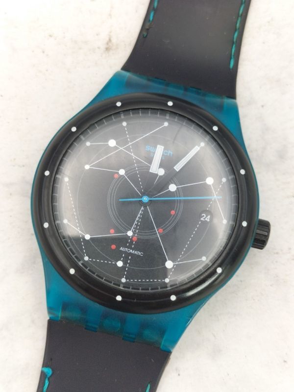 【やや傷や汚れあり】1円～ 稼働品 スウォッチ Swatch AUTOMATIC 自動巻き デイト スケルトン 裏スケ 腕時計 黒系文字盤 ブルー 青 男女兼用 ラバーベルトの落札情報詳細 ...