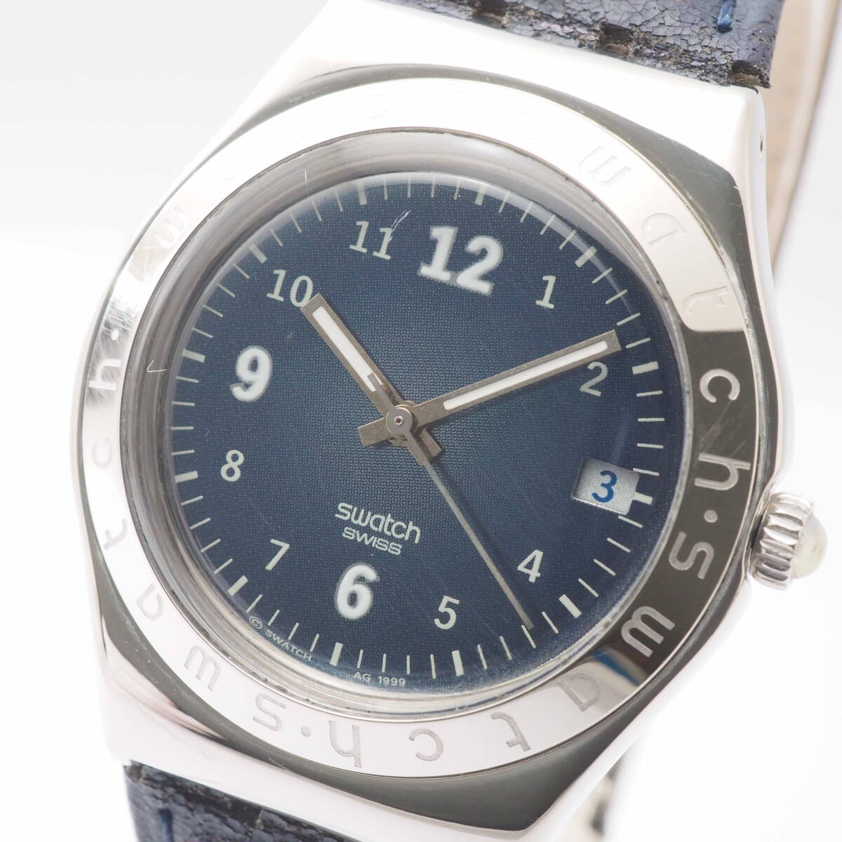 【傷や汚れあり】スウォッチ アイロニー 7.9×2.6 1.55V Swatch SWISS IRONY デイト SS クォーツ 紺文字盤 革ベルト ボーイズ 腕時計[Pa1589-AI7の ...