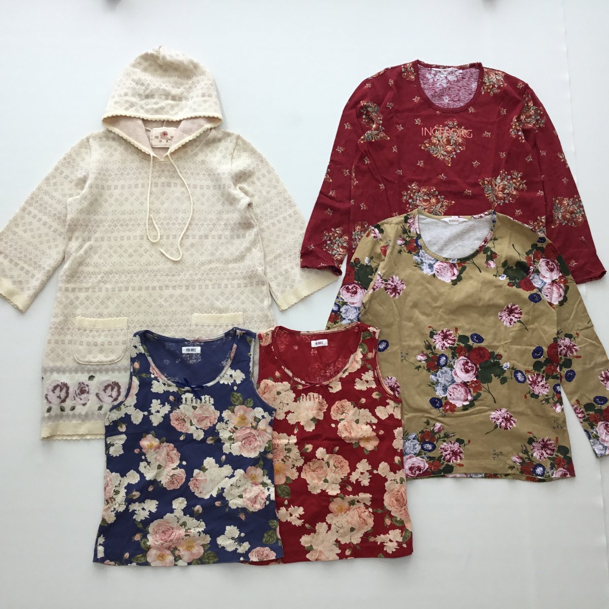 【やや傷や汚れあり】 5点 まとめ売り INGEBORG PINK HOUSE インゲボルグ ピンクハウス トップス ロンT タンクトップ ニット 花柄 総柄 日本製 M /0.94kg の ...