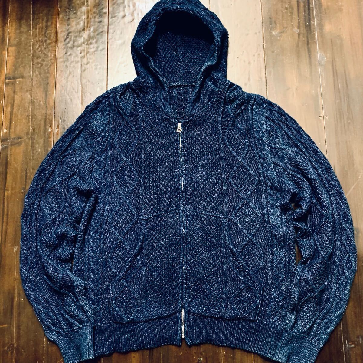 【目立った傷や汚れなし】70s～USA ヴィンテージ 希少 インデイゴ コットン ケーブル編み ニット パーカー セーター L程 TALON ZIP 30s 40s 50s xx RRLの落札 ...