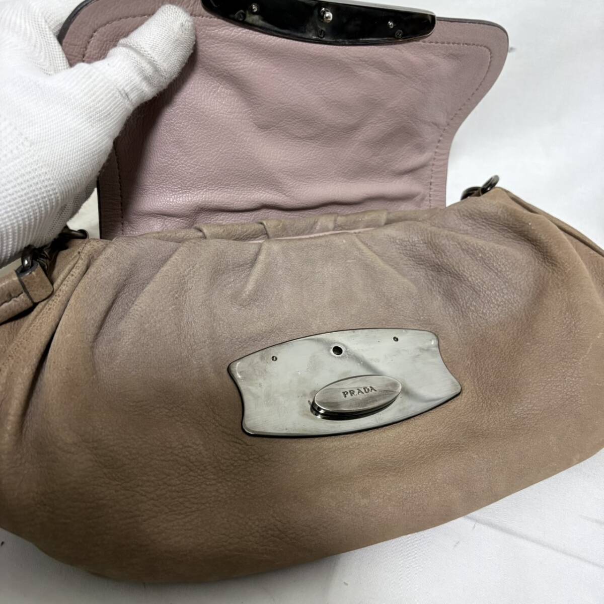 【やや傷や汚れあり】1円 PRADA METAL SILVER PUSH LOCK LEATHER HALF MOON SHOULDER ...