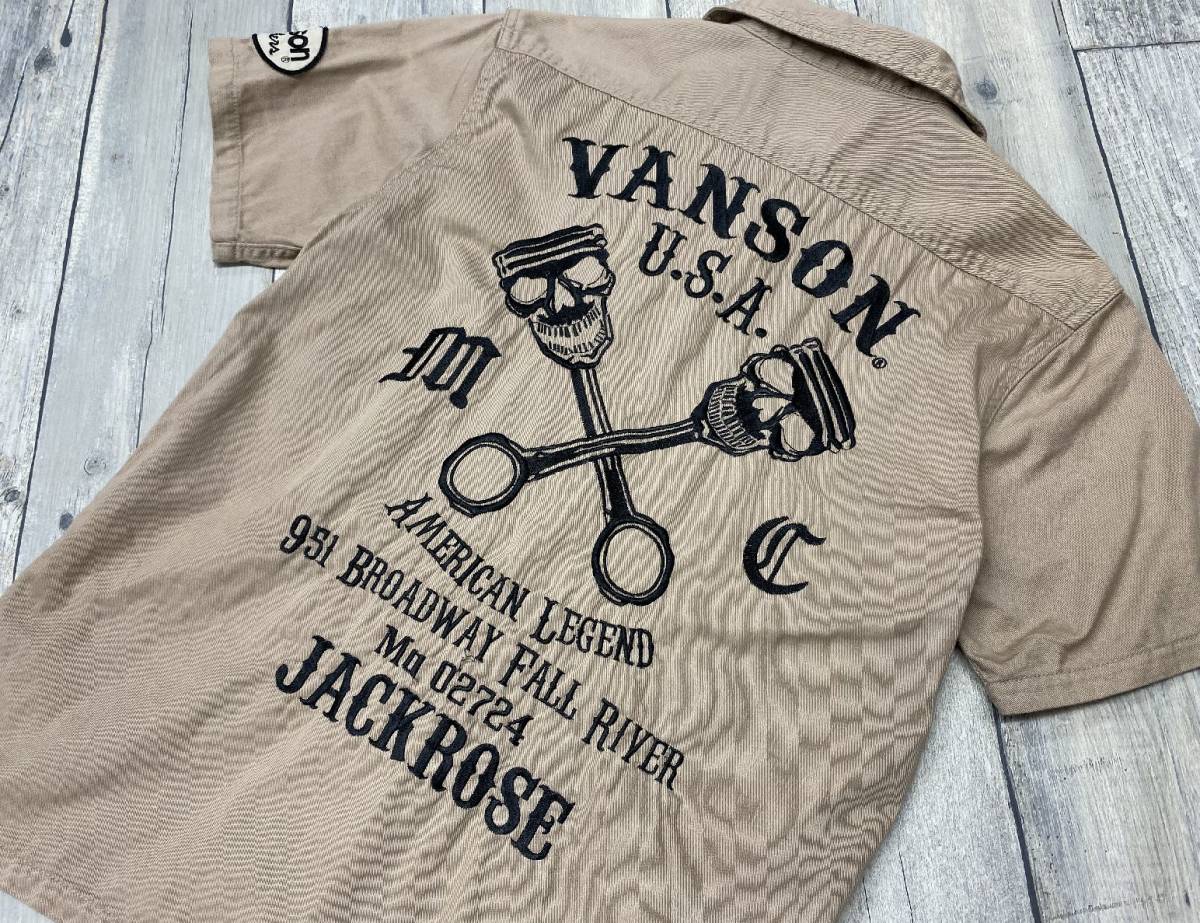 VANSON × JACKROSE バンソン ジャックローズ ロゴ スカル クロス 刺繍 ワッペン 半袖 オープンカラー ワーク シャツ ベージュ 4 バイカー の落札情報詳細| ヤフオク落札 ...