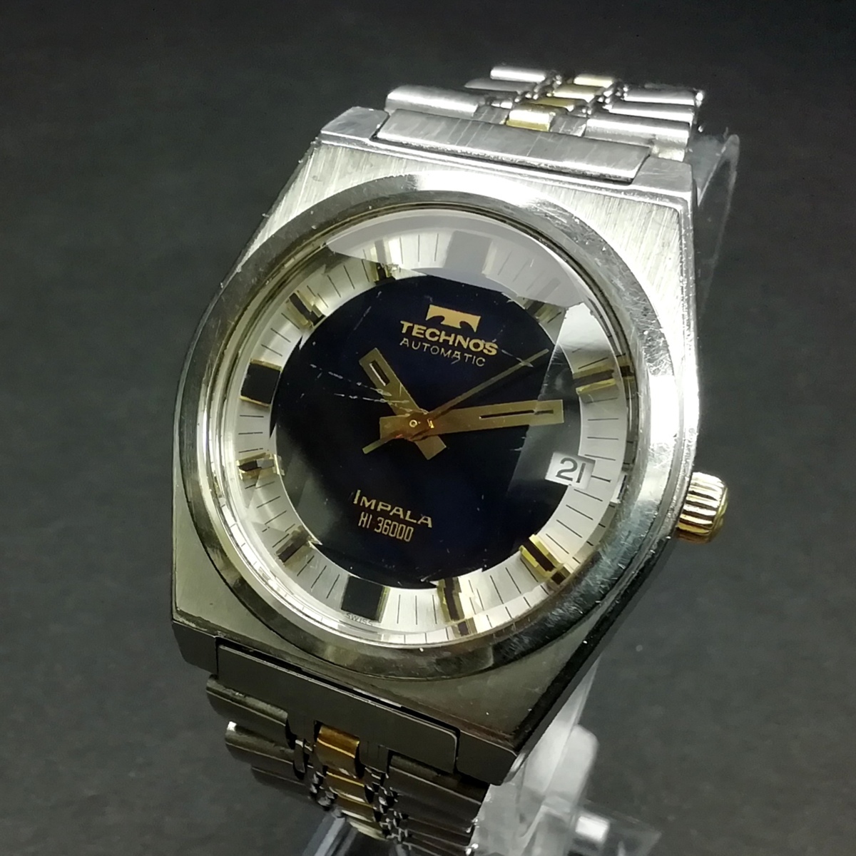 TECHNOS IMPALA テクノス インパラ 36000 自動巻き カットガラス デイト メンズ腕時計 純正ブレス付きの落札情報詳細 ...