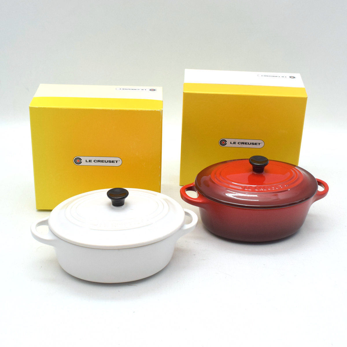 【未使用】【新品未使用品】LE CREUSET ルクルーゼ ミニ オーバル ココット チェリーレッド/ホワイト 2点セット 鍋 耐熱容器 ...