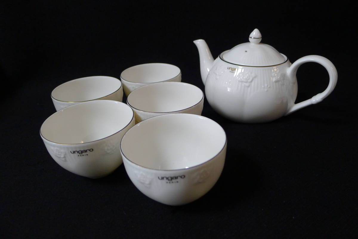 【目立った傷や汚れなし】dd165 未使用保管品 ungaro/ウンガロ ティーセット 5客 ホワイト 金彩 薔薇柄 急須 湯呑み ...