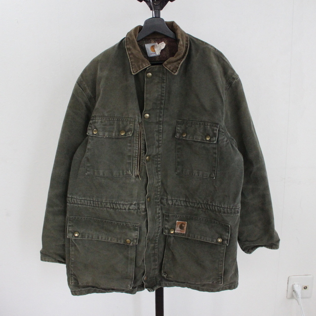 【傷や汚れあり】j942 90sビンテージ カーハート CARHARTT 裏地ウール ダックジャケット USA製 1990年代製 表記Lサイズ グリーン アメカジ ワーク 80s 70s の ...
