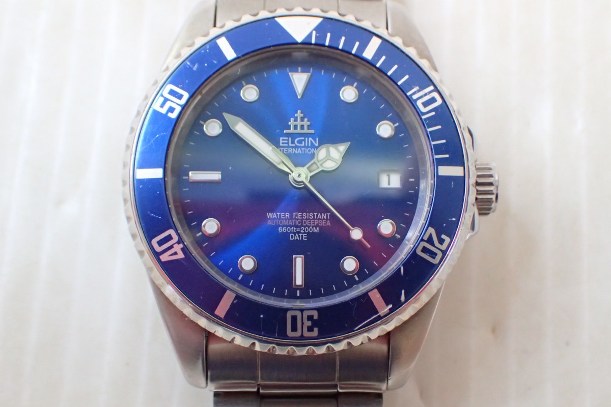 【傷や汚れあり】m1884 / ELGIN エルジン INTERNATIONAL インターナショナル FK-531-E ブルー文字盤 自動巻き ...