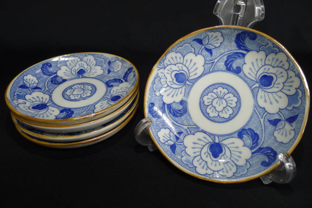 【やや傷や汚れあり】ff525 明治-大正 古伊万里 図変わり印判手蓮文4寸皿 5枚 くらわんか 小皿 なます皿 手塩皿 民藝 骨董 レトロ ...