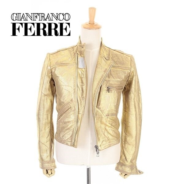 【目立った傷や汚れなし】A4951/美品 秋冬 GIANFRANCO FERRE ジャンフランコフェレ ラムレザー スレ加工 刺繍 ダブルライダース ブルゾン ジャケット XS 金/メンズの ...