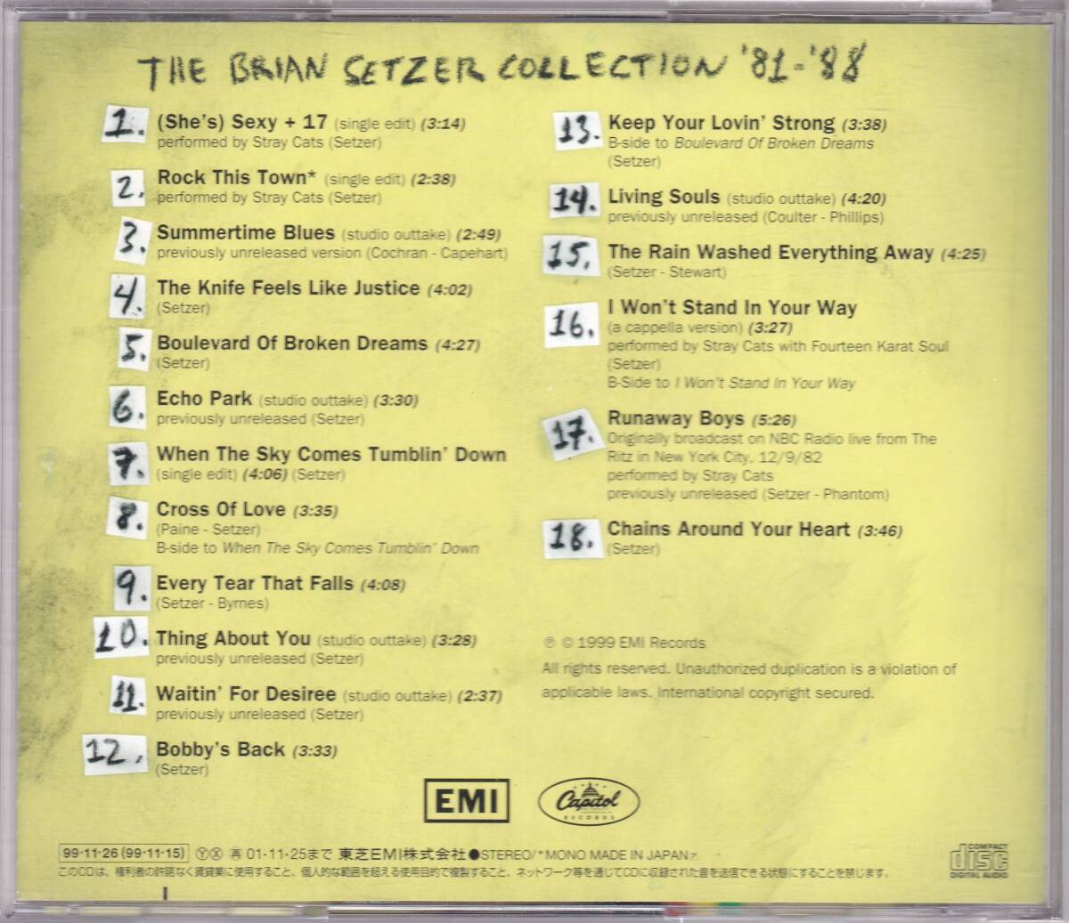 【やや傷や汚れあり】☆THE BRIAN SETZER(ブライアン・セッツァー)COLLECTION '81-'88 99年発表の未発表曲＆未 ...