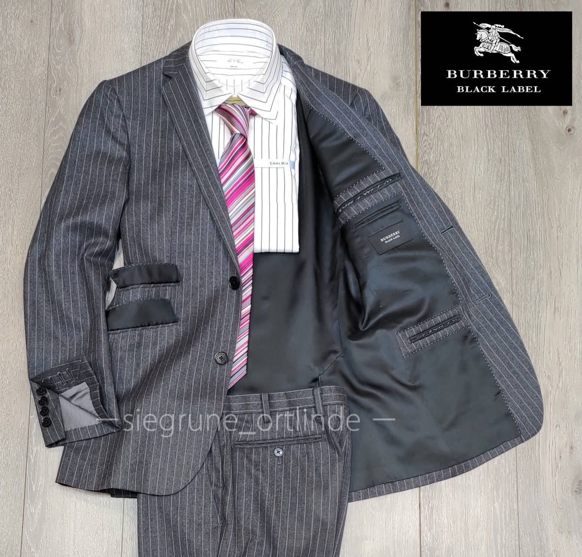 【目立った傷や汚れなし】【美品】バーバリー ブラックレーベル 本切羽 冬用厚手のフランネル生地 グレーストライプ スーツ 92-76-170 ...