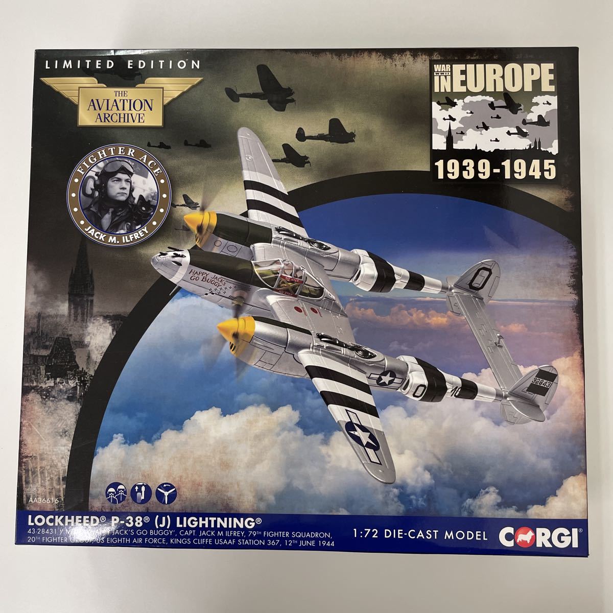 【やや傷や汚れあり】箱痛 CORGI コーギ 1/72 ロッキード P38J ライトニング 43 28431 MC O Happy Jacks Go Buggy Capt J M Ilfrey ...