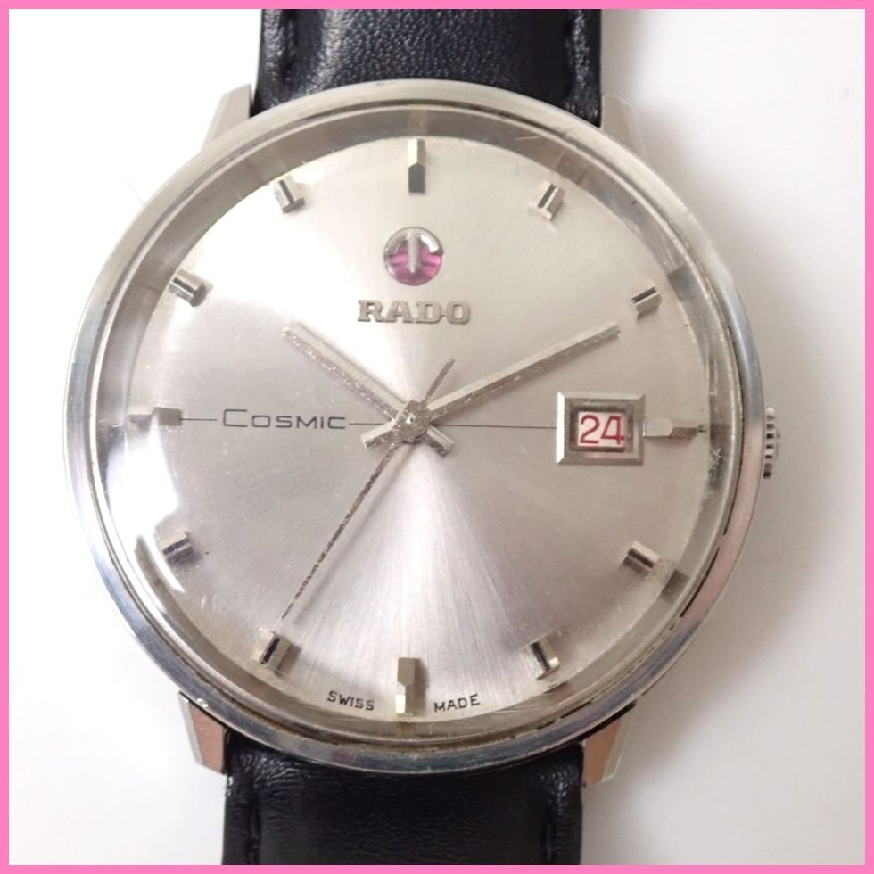 【傷や汚れあり】★RADO/ラドー COSMIC/コズミック 自動巻き腕時計/シルバー文字盤/ブラック/革ベルト/ウォーターシールド/3針 ...