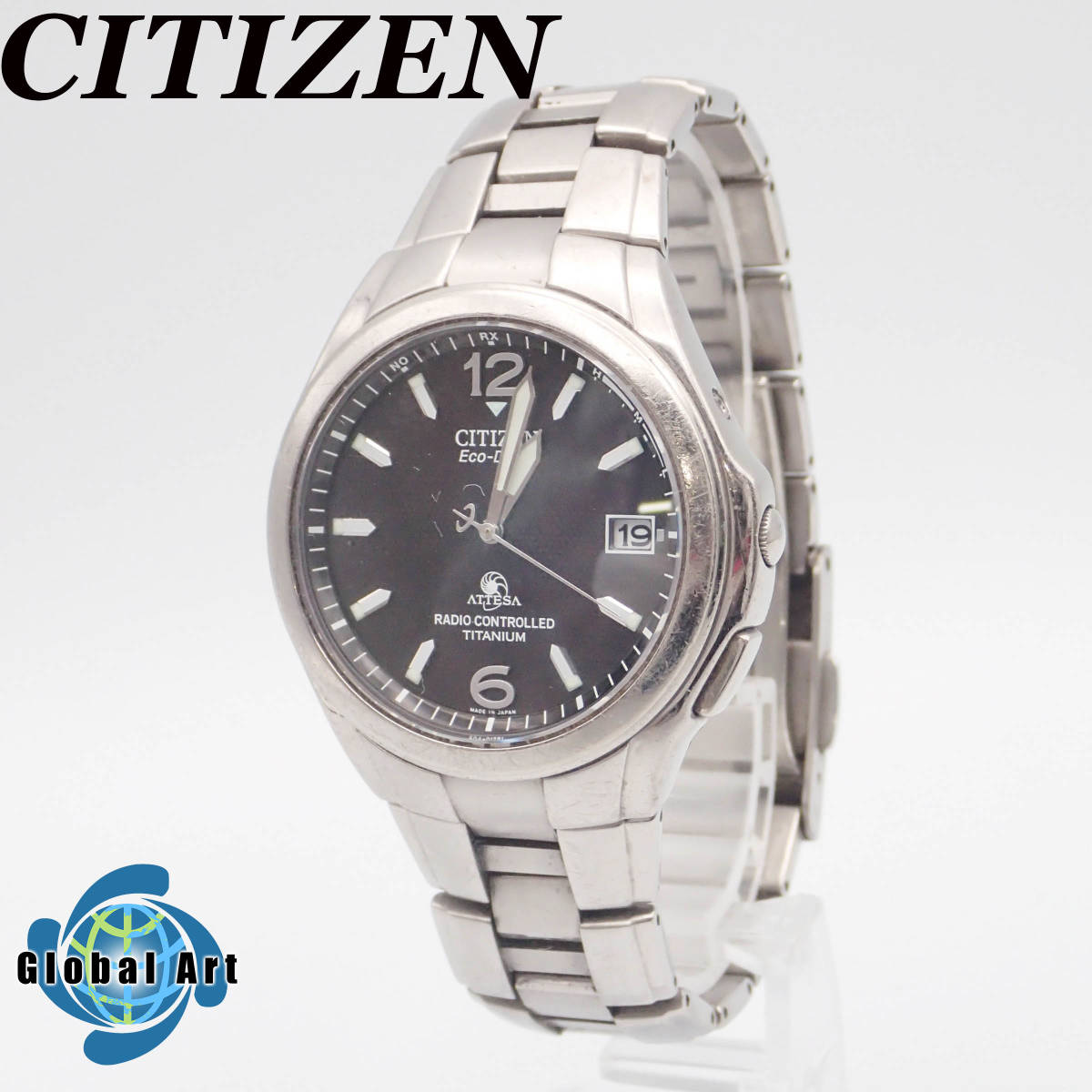【傷や汚れあり】う06189/CITIZEN シチズン/アテッサ/電波ソーラー/メンズ腕時計/チタン/文字盤 ブラック/H410 ...