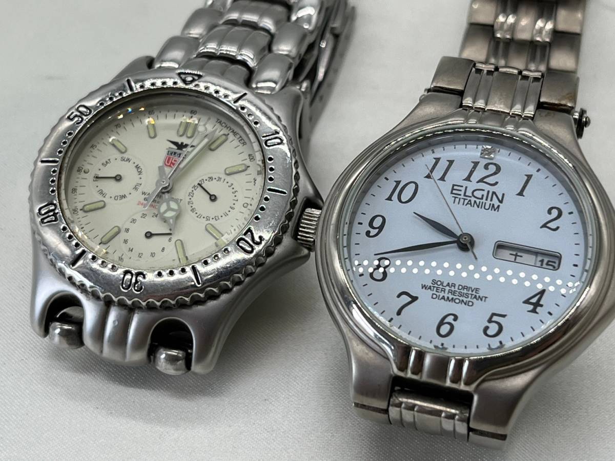【傷や汚れあり】ii4464003/ELGIN エルジン メンズ腕時計 まとめて2点 USA TITANIUM SOLAR DRIVE ...