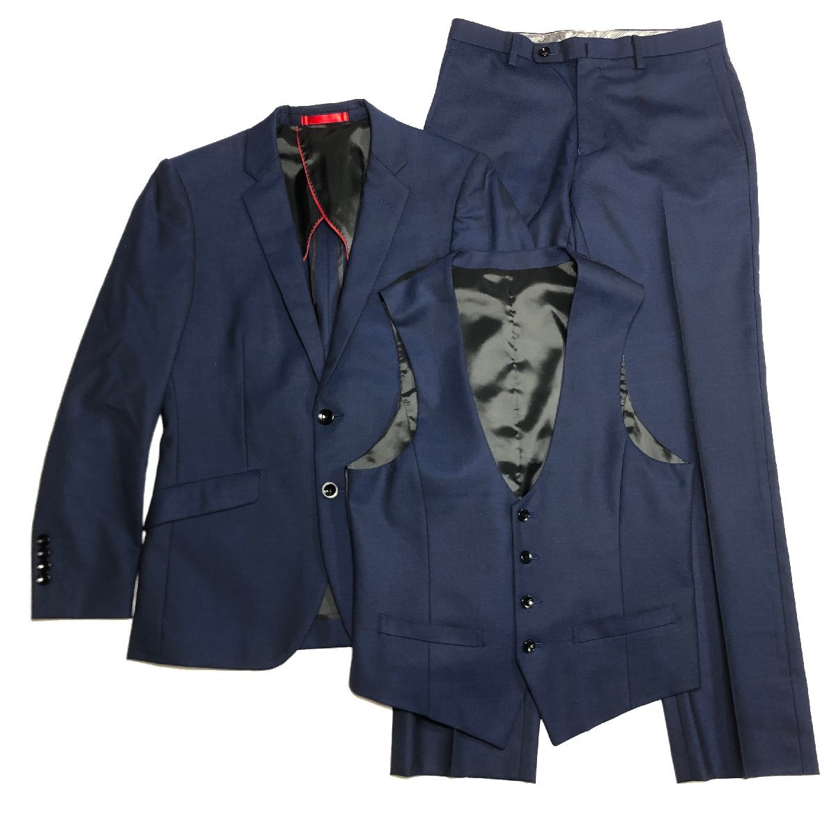 【目立った傷や汚れなし】☆RESPECTNERO リスペクトネロ メンズスーツ ビジネススーツ セットアップ 上下 ベスト 3ピース size:90Y4 ネイビー 紺 ボトムス 0.95kg ...