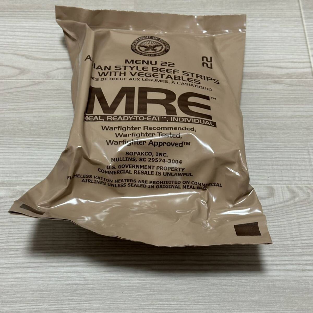 【未使用】沖縄 米軍実物 MRE MEAL READY TO EAT INDIVIDUAL SOPAKCO スパコ レーション MENU 22 2019年3月 検品 (管理番号RE216!)の ...