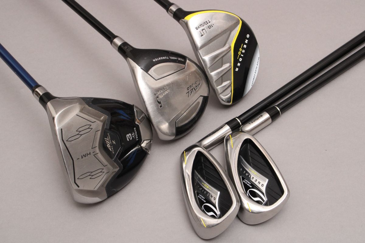 【やや傷や汚れあり】つるや クラブセット 5本《3W/5W/UT/7/P》TSURUYA AXEL DUAL IMPACT Z/ID-360/ONESIDER eo《R》シャフト美品 ゴルフ ...