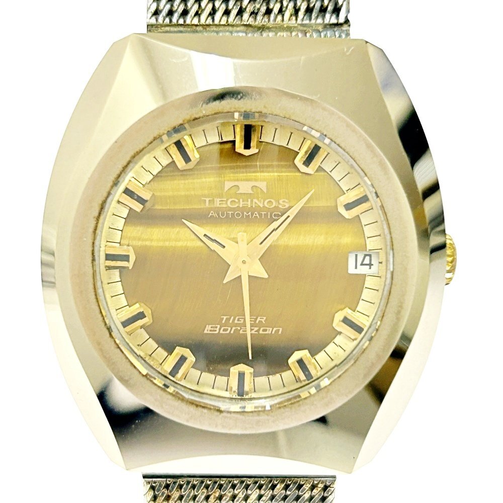 【傷や汚れあり】【1円スタート】TECHNOS テクノス TIGER Borazon カットガラス GP×SS ブラウン系文字盤 自動巻き ...