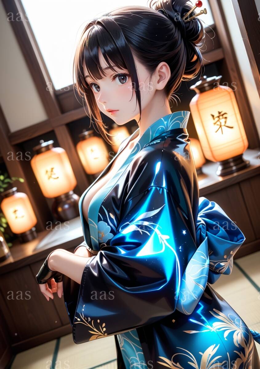 【未使用】Yuzuki (柚月) 和服 着物 和風 妖艶 優雅 美女 美人 セクシー AIイラスト オリジナル キャラクター A4ポスター ...