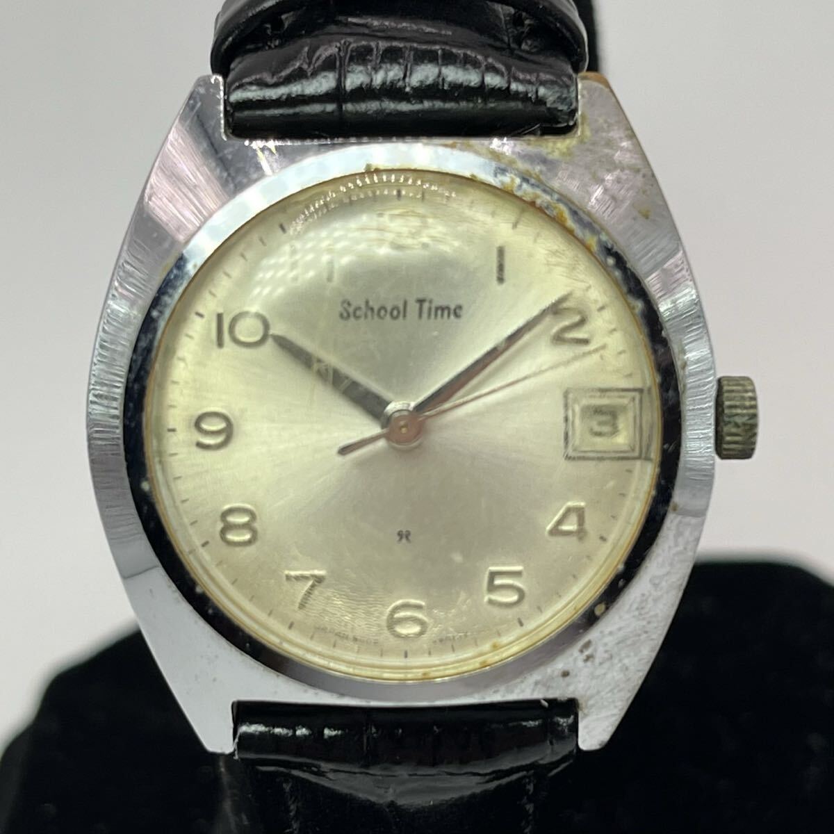 【傷や汚れあり】稼働品 新品ベルト SEIKO セイコー School Time 腕時計 シルバー文字盤 デイト 手巻き 33mm メンズ ...