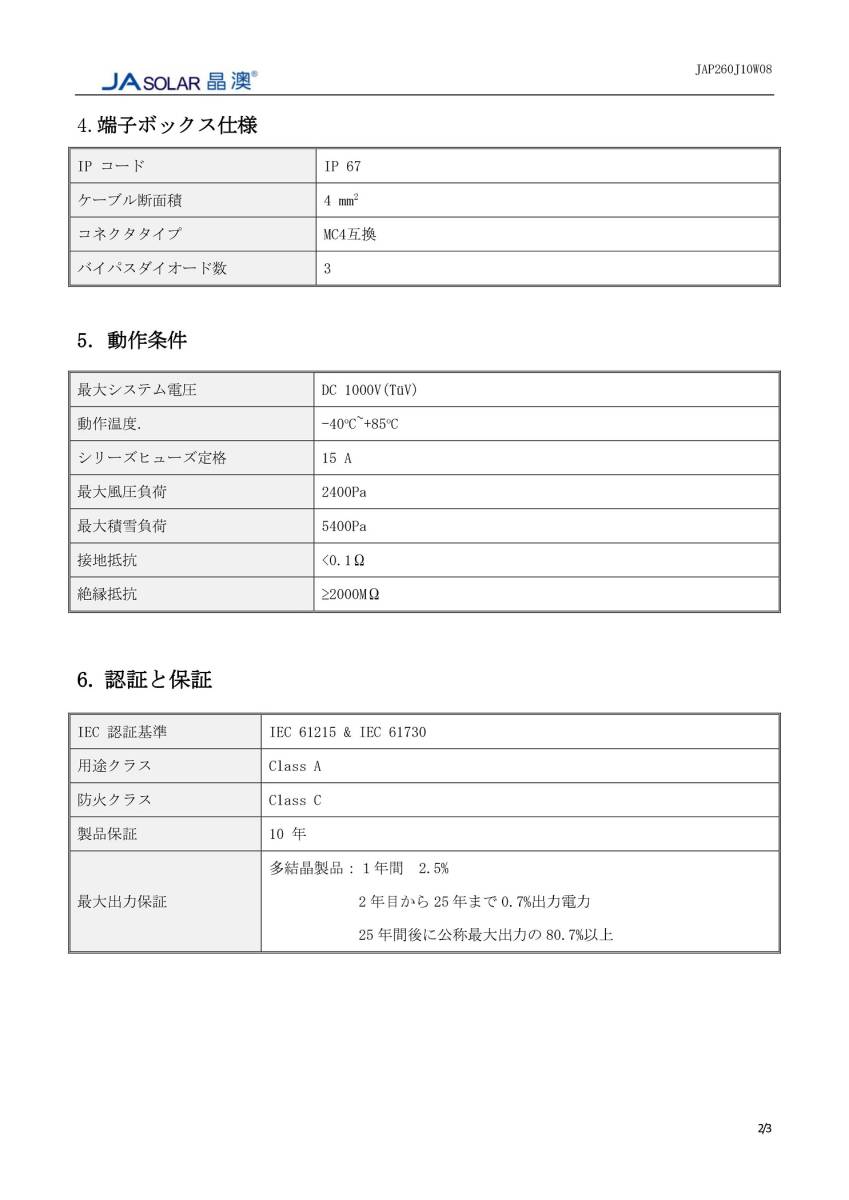 【新品】【多結晶260W】JAソーラー 太陽電池モジュール JAP6-60-260/3BB★1枚～ 太陽光パネル モジュール 太陽光発電 オフ ...