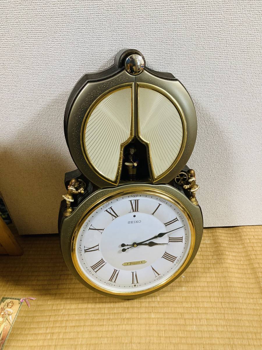 【やや傷や汚れあり】レア SEIKO Puppet パペット RE543B 木枠 からくり 掛け時計 未使用保管品 メロディ 扉開閉 レトロ ...