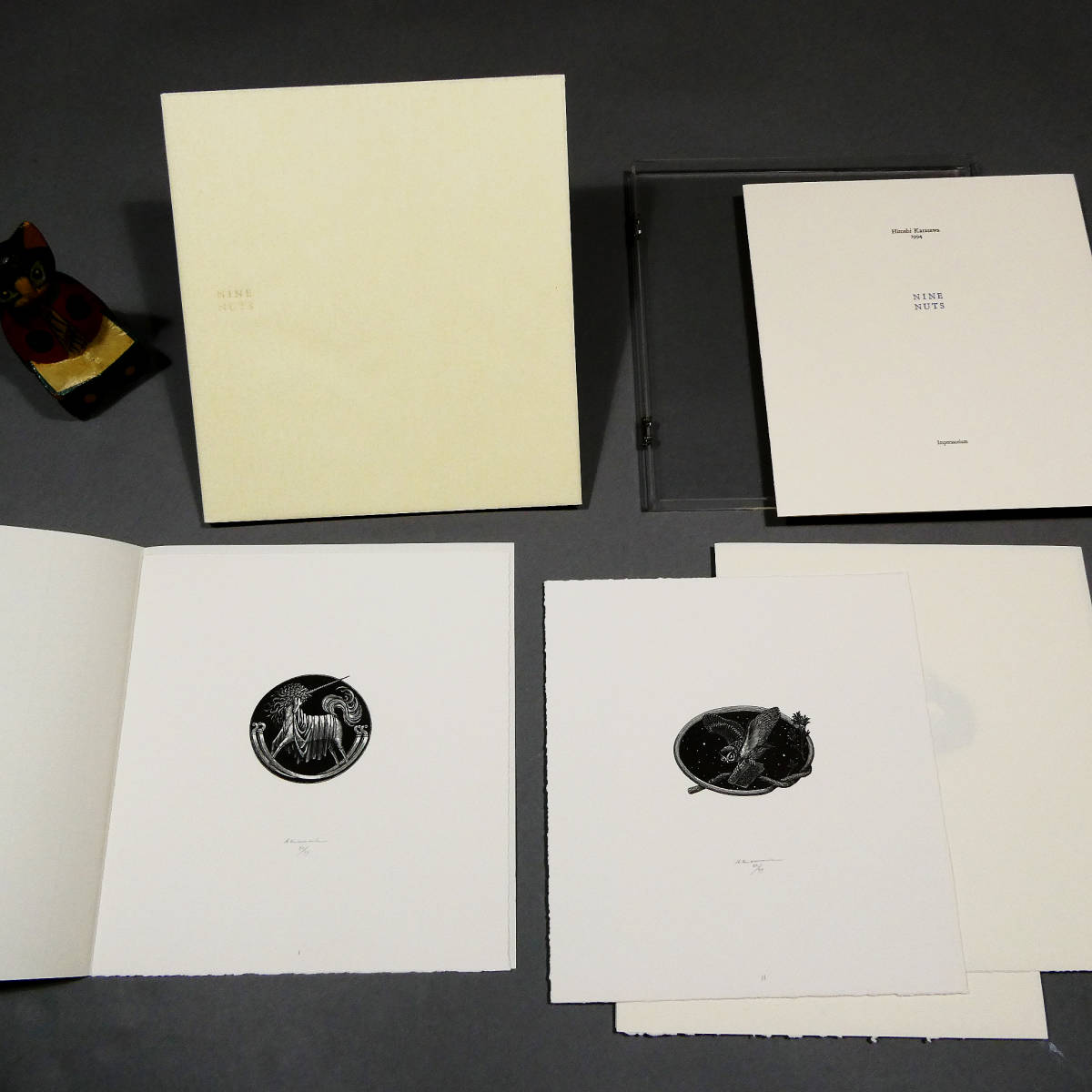 【目立った傷や汚れなし】 柄澤齊 木口木版画集 「NINE NUTS」 木版画 全9点揃い 限定99 各直筆サイン入り アクリルケース付 線の ...