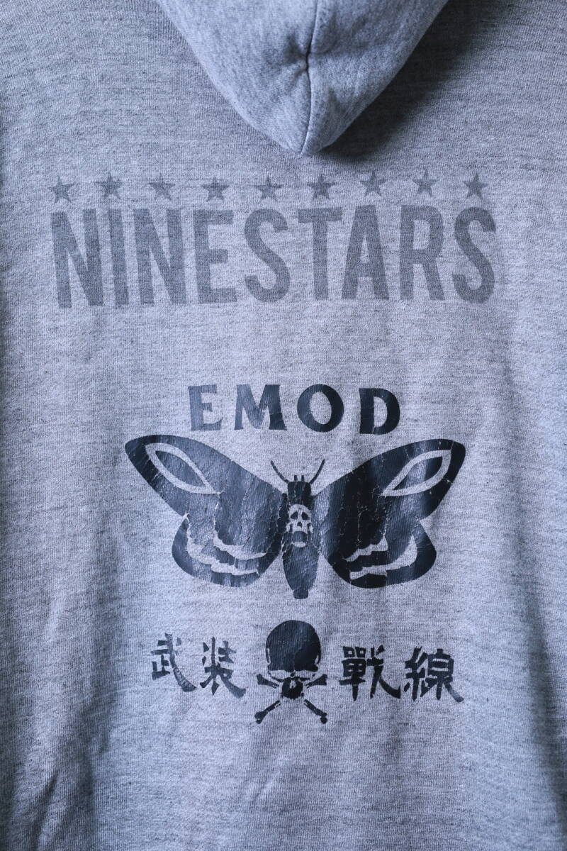 【傷や汚れあり】★NINE STAR×武装戦線×EMOD コラボプリントダブルジップアップパーカー 古着ユーズド男性メンズ服MLグレー上着 ...