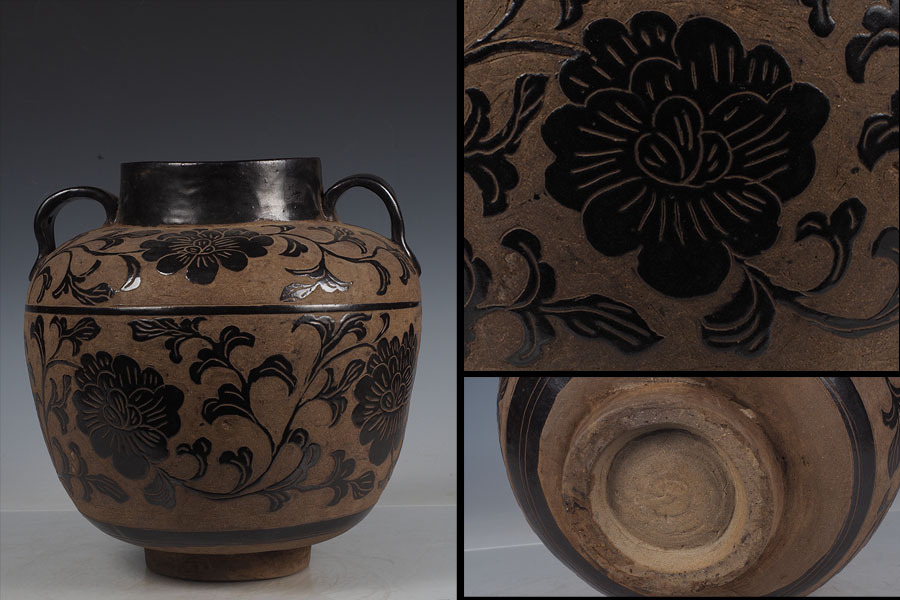 【目立った傷や汚れなし】A_VD51 中国古玩 元時代 宋代 磁州窯 花文 双耳 壺 花瓶 高さ27cm / 中国美術 朝鮮美術 清代 北宋 ...