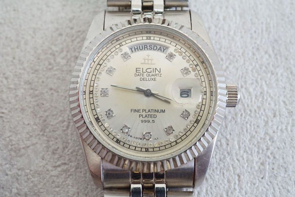 【やや傷や汚れあり】F875 ELGIN/エルジン DATE QUARTZ DELUXE FINE PLATINUM PLATED 999.5 ...
