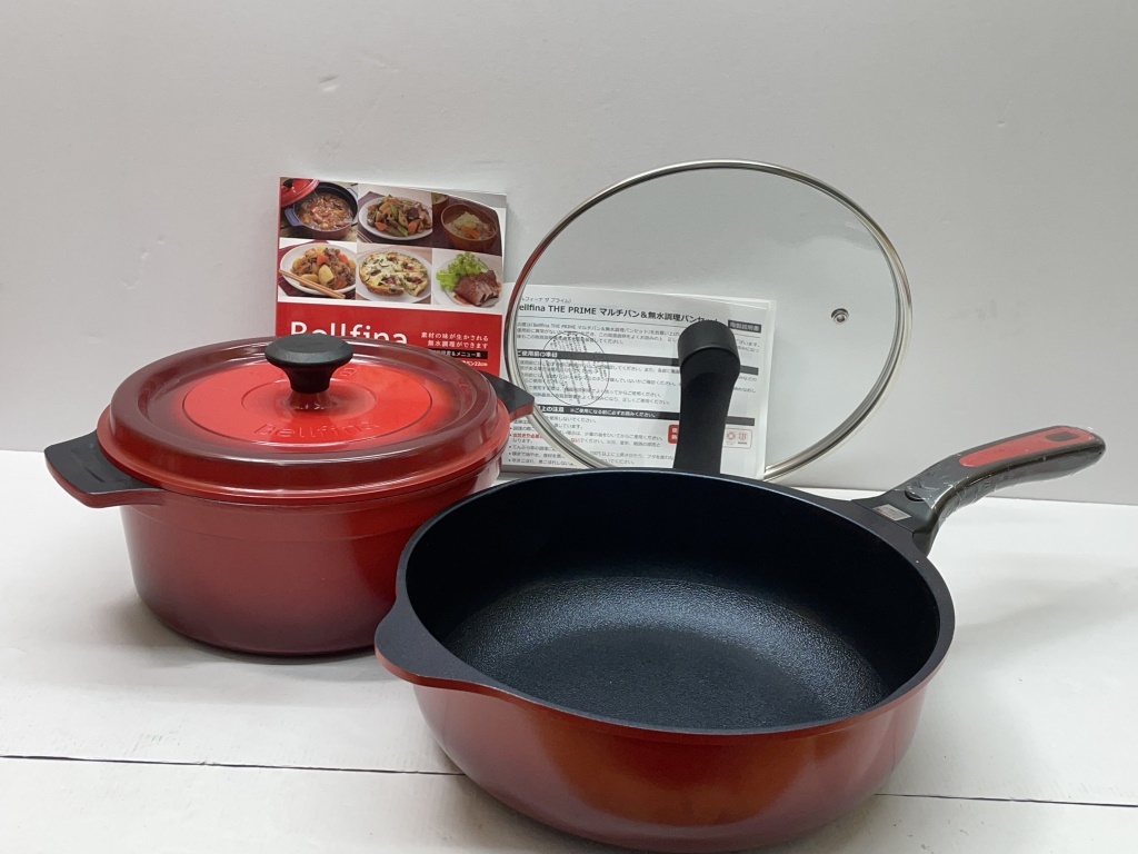 【やや傷や汚れあり】01w3170 Bellfina THE PRIME マルチパン 25cm 無水調理パン 22cm ガラス蓋 25cm セット ガス IH 他 使用可能 メニュー集 中古品 ...