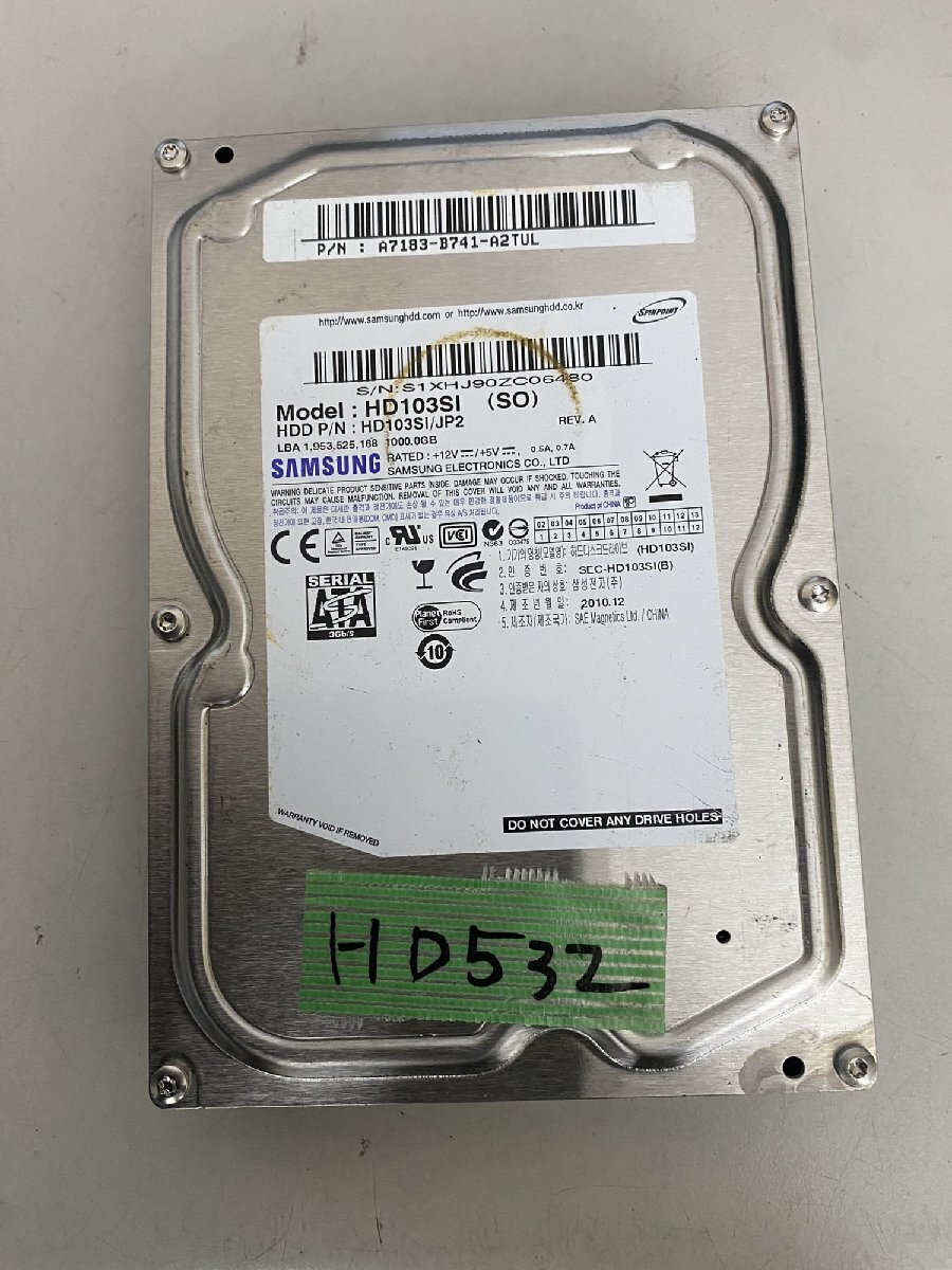 【目立った傷や汚れなし】【送60サイズ】 SAMSUNG HD103SI 1TB 使用79309時間 3.5インチSATA HDD 中古品の ...