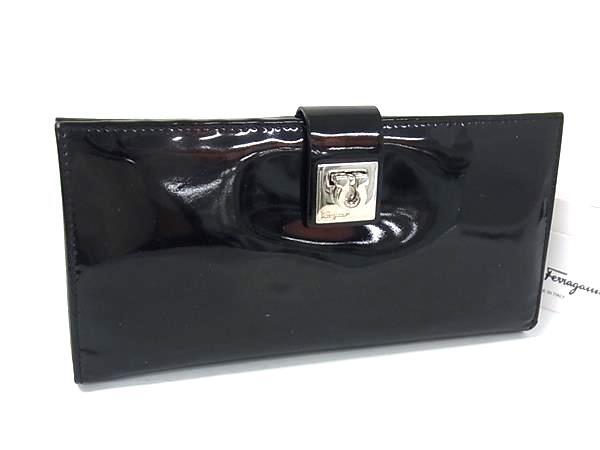 【やや傷や汚れあり】1円 Salvatore Ferragamo フェラガモ ガンチーニ パテントレザー 二つ折り 長財布 ウォレット 札入れ ...
