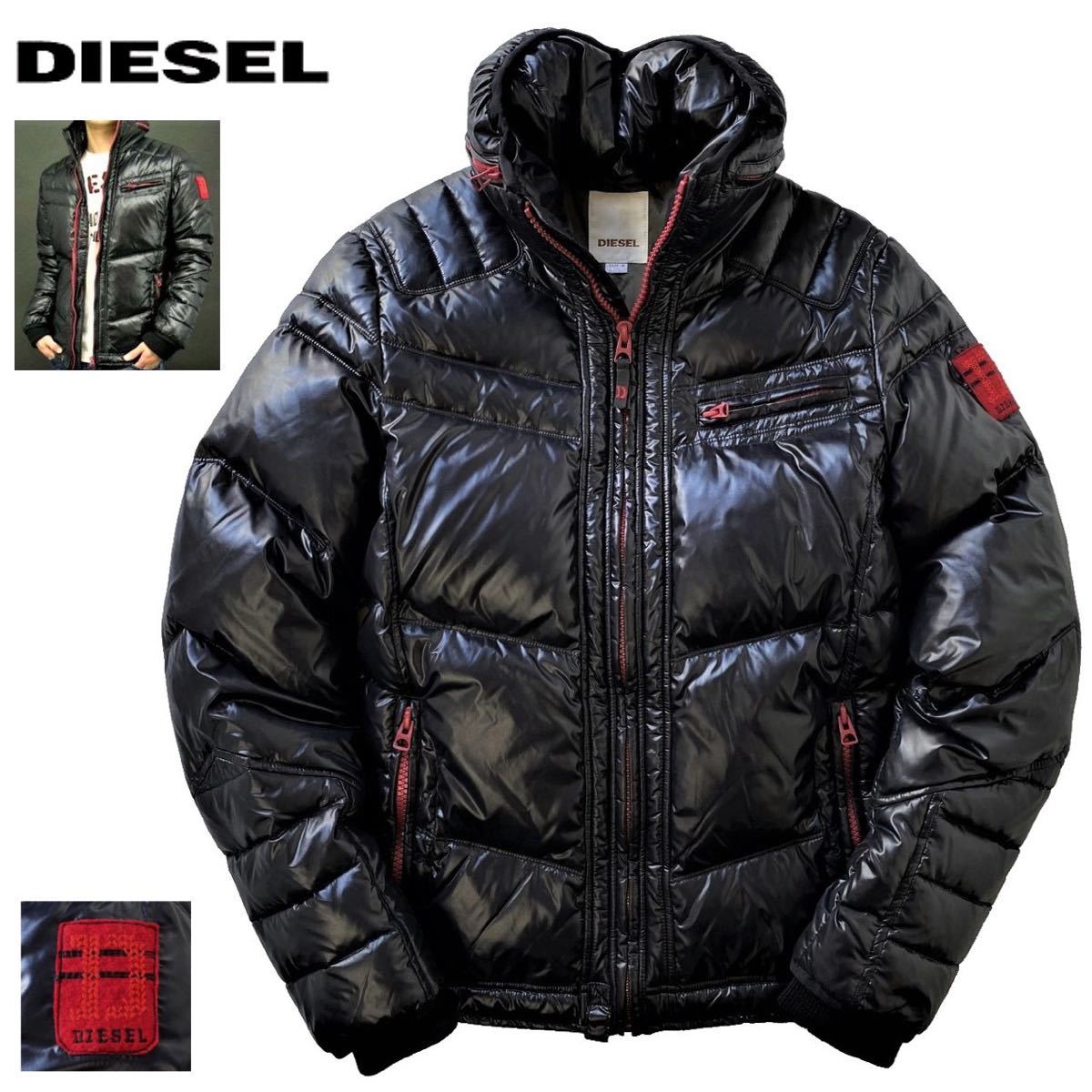 【目立った傷や汚れなし】極美品 定価4.5万 極暖! DIESEL ディーゼル WEROCK ワッペン 襟内フード内蔵 シャイニー バイカー ダウンジャケット XL/LL 黒赤 ライダースの ...