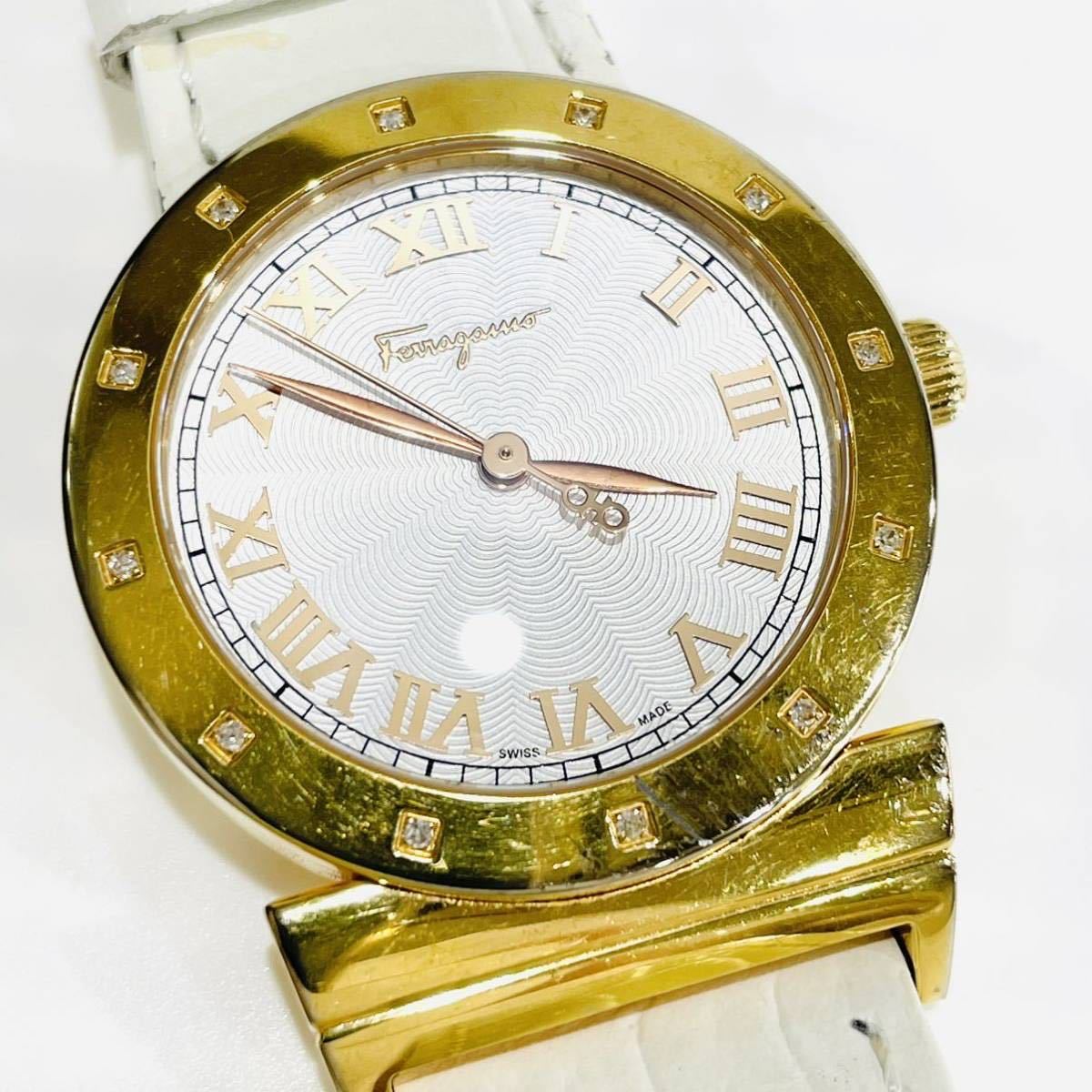 【やや傷や汚れあり】Salvatore Ferragamo サルバトーレフェラガモ F72 レディース クォーツ 12Pダイヤモンドベゼル GP革 ホワイト文字盤 送料無料の落札情報詳細 ...