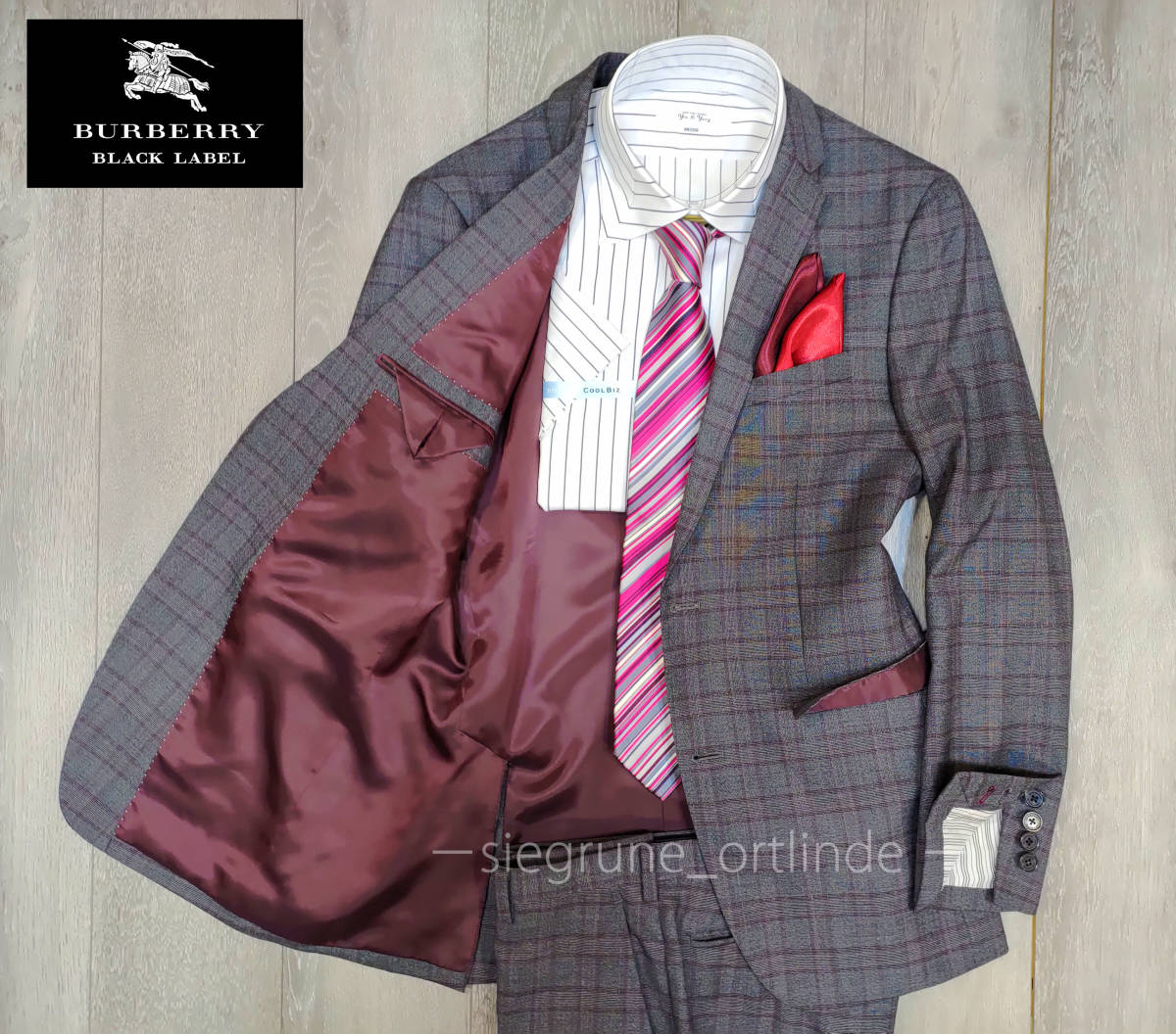 【目立った傷や汚れなし】【極上美品】バーバリー ブラックレーベル 本切羽 グレー×ボルドー グレンチェック スーツ 92-76-170 38R ...