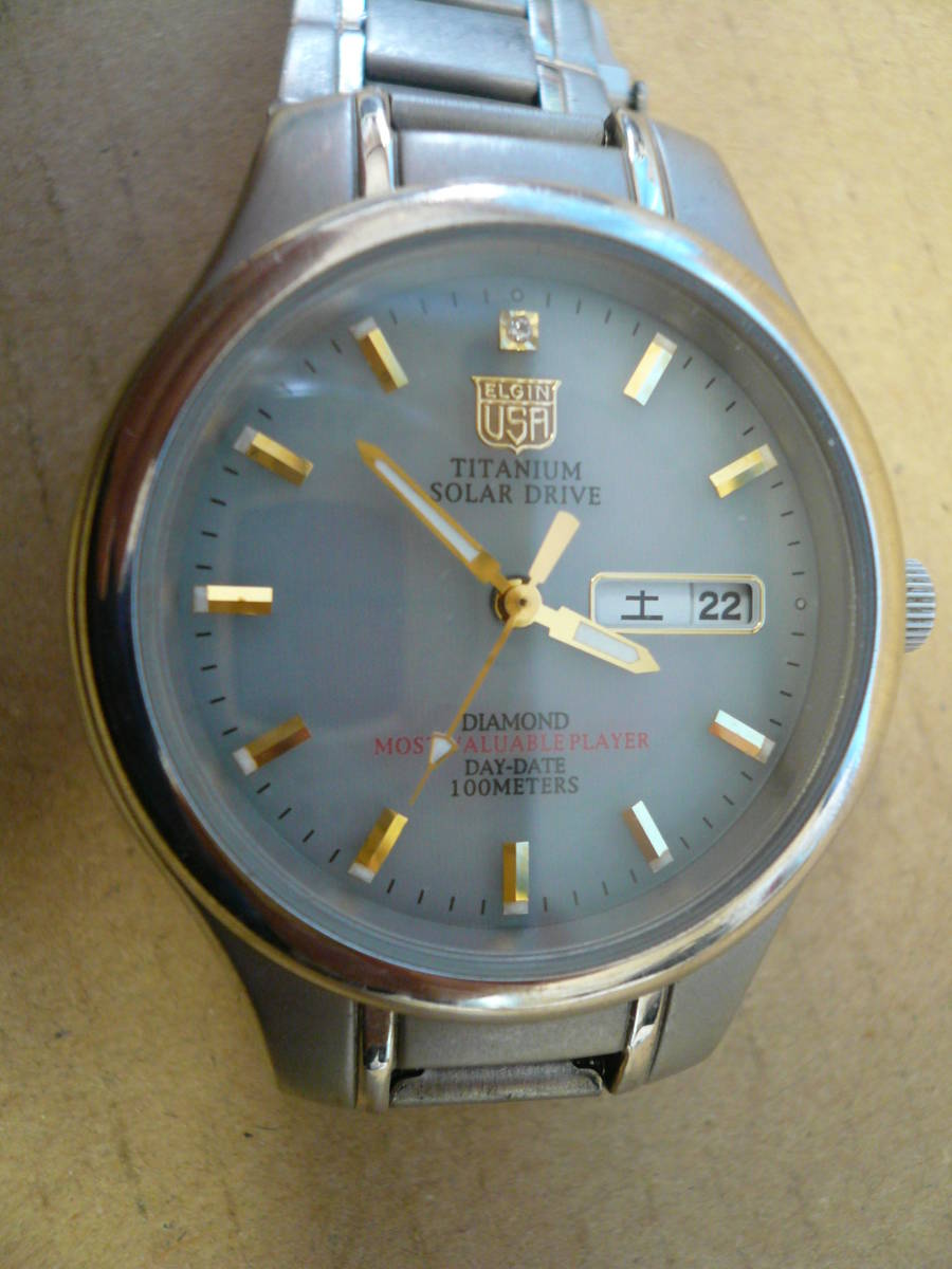 【やや傷や汚れあり】★レトロ腕時計＜14＞エルジン チタン製 ELGIN USA TITANIUM SOLAR DRIVE DIAMOND ...