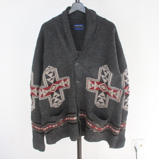 【やや傷や汚れあり】J439 2000年代製 ペンドルトン PENDLETON ウールニットカーディガン ショールカラー ネイティブ 00s 表記XXLサイズ グレー 古着卸 90s 80sの ...
