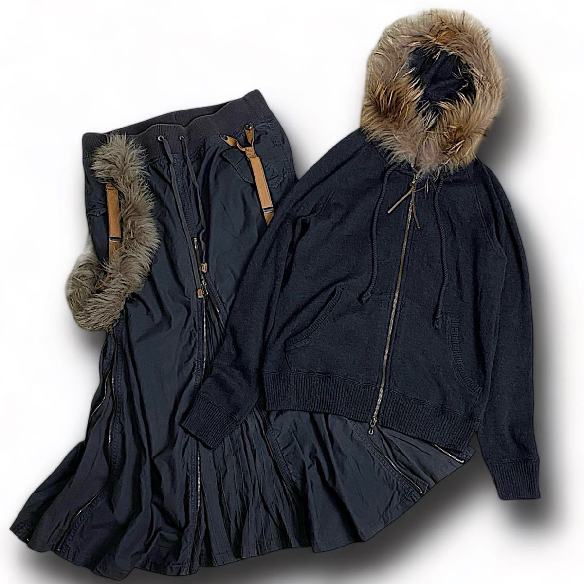 【目立った傷や汚れなし】00s G.O.A Archive Parachute Cargo Skirt Raccoon fur Hoodie ロングスカート ファー パーカー goa l.g ...